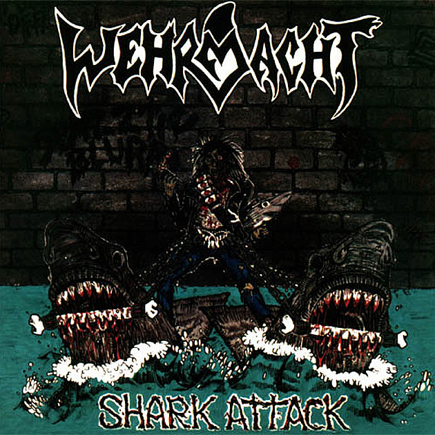 Metal album covers featuring sharks